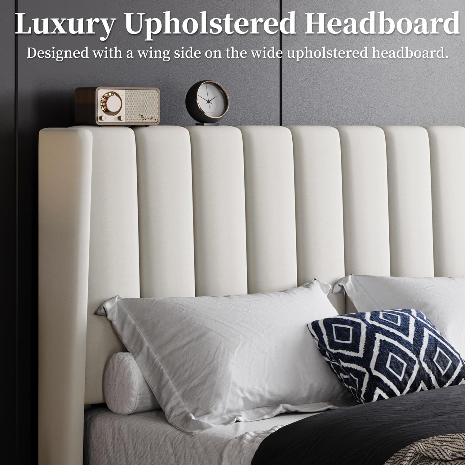 Double Bed Frame Upholstered Platform Bed with Channel Tufted Headboard Wing Side Wood Slat Support Mattress Foundation No Box Spring Needed